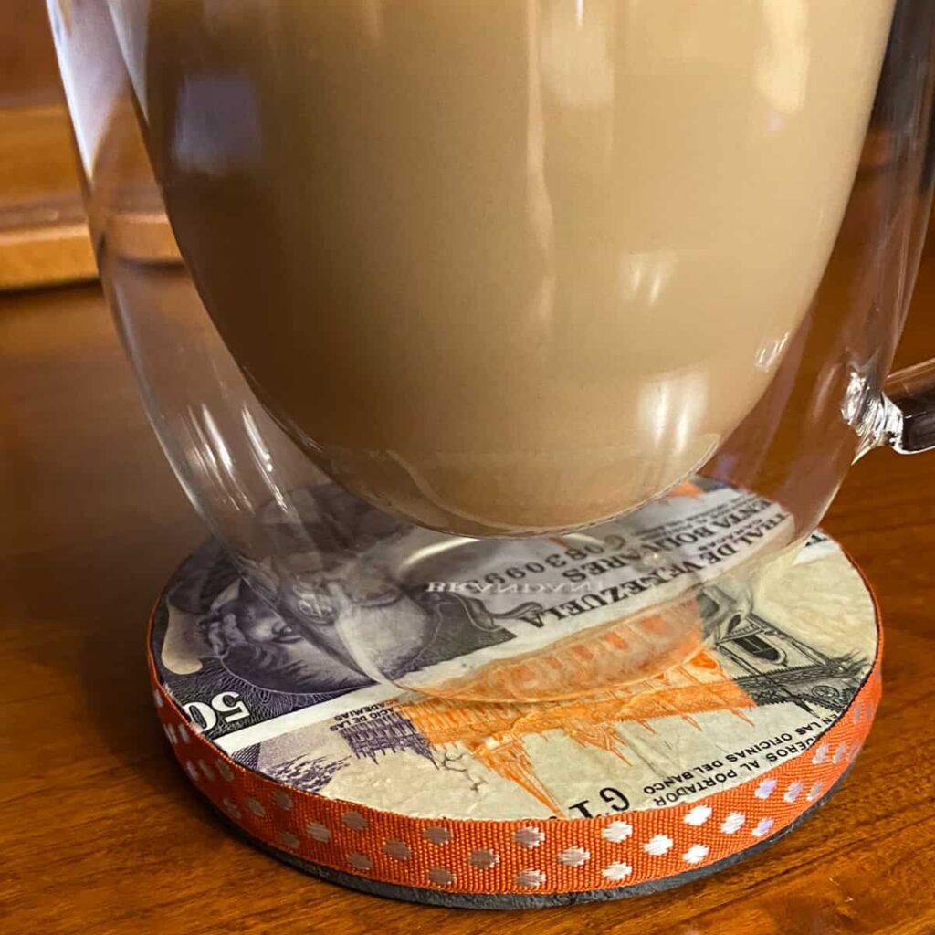 DIY Upcycling Leftover Currency into Coasters - Sabrinas Organizing