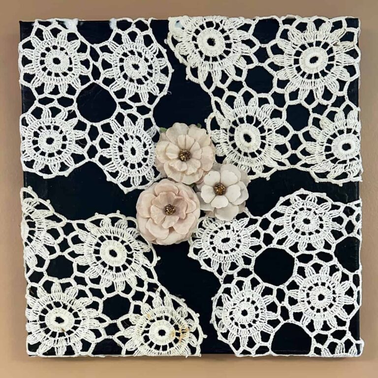 Repurposing Doily on Canvas Wall Art Craft Project - Sabrinas Organizing