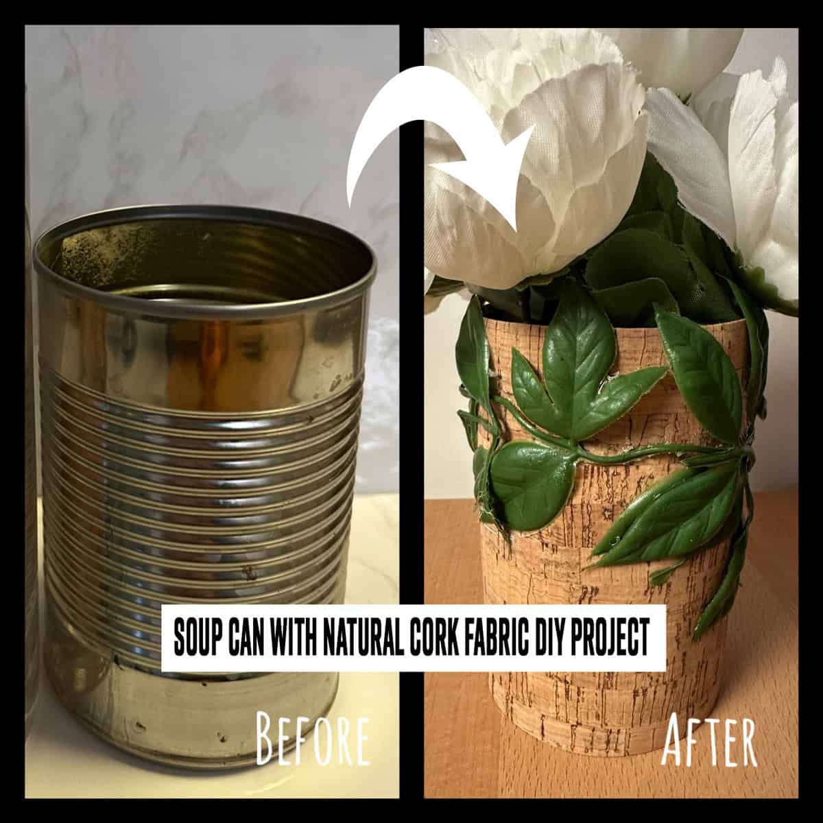 Soup Can with Natural Cork Fabric DIY Project - Sabrinas Organizing